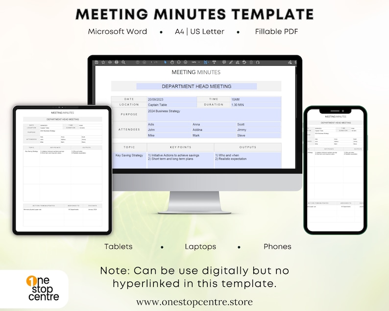 Editable Meeting Minutes Template: Minimalist Agenda Notes (PDF, Word ...