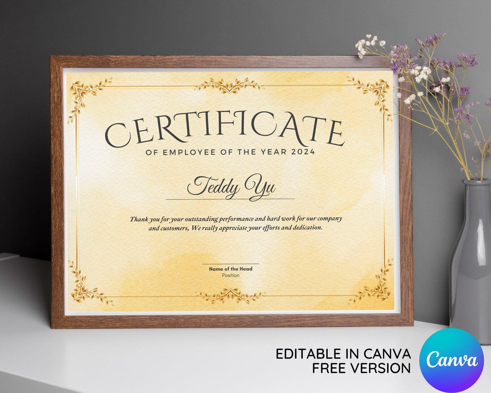 Golden Editable Certificate Template, Employee of the Year, Employee ...
