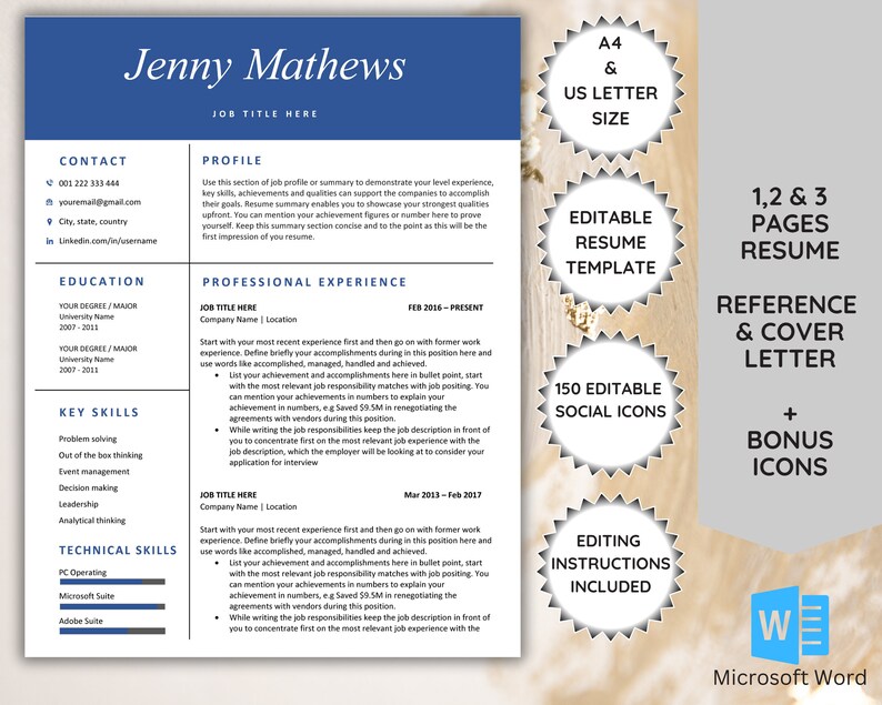 Minimalist Resume Template for Word CV Templates - Etsy