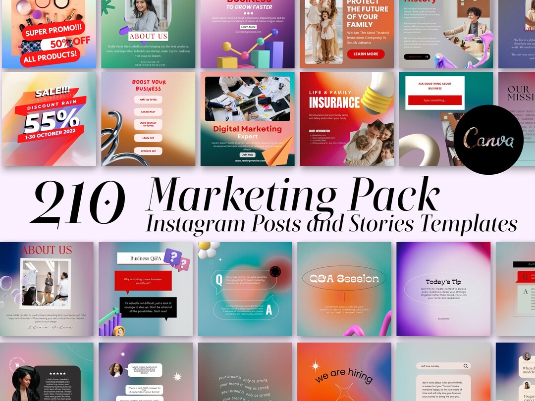 210 Gradient Instagram Templates: Social Media Marketing Bundle (canva ...