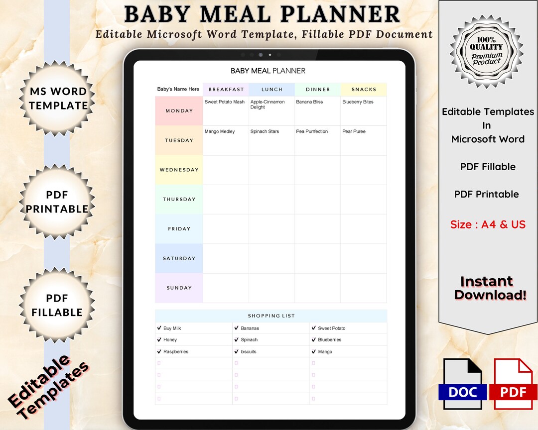 Baby Weekly Meal Planner Template: Editable Shopping List (PDF, Word ...