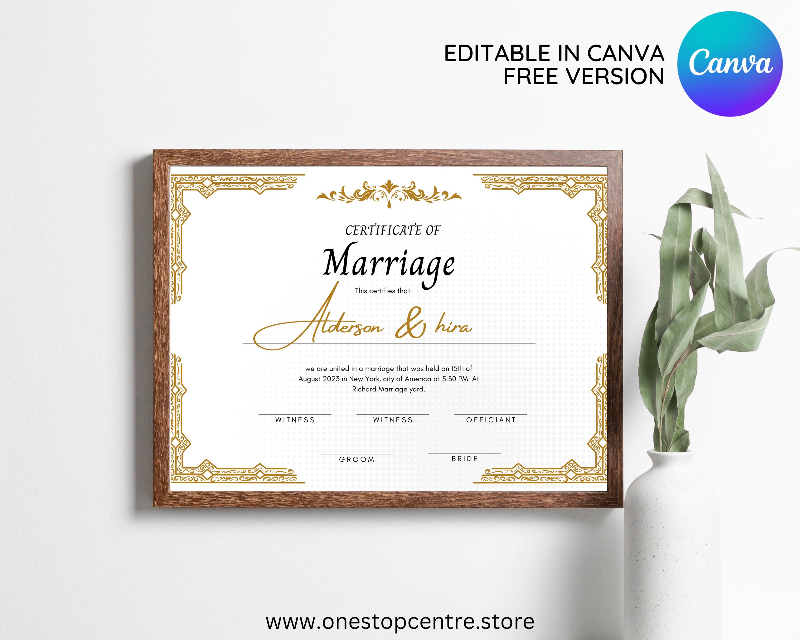 Editable Marriage Certificate Template for Newlyweds, White Gold ...