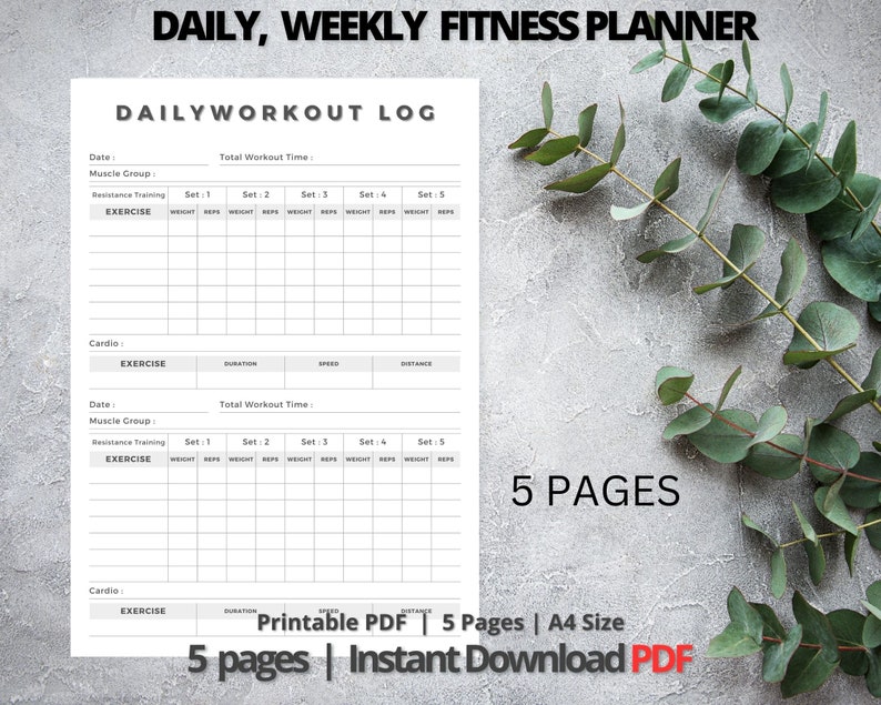 Fitness Workout Tracker Printable, Daily Exercise Planner, Weekly Workout Tracker, Gym Training ...