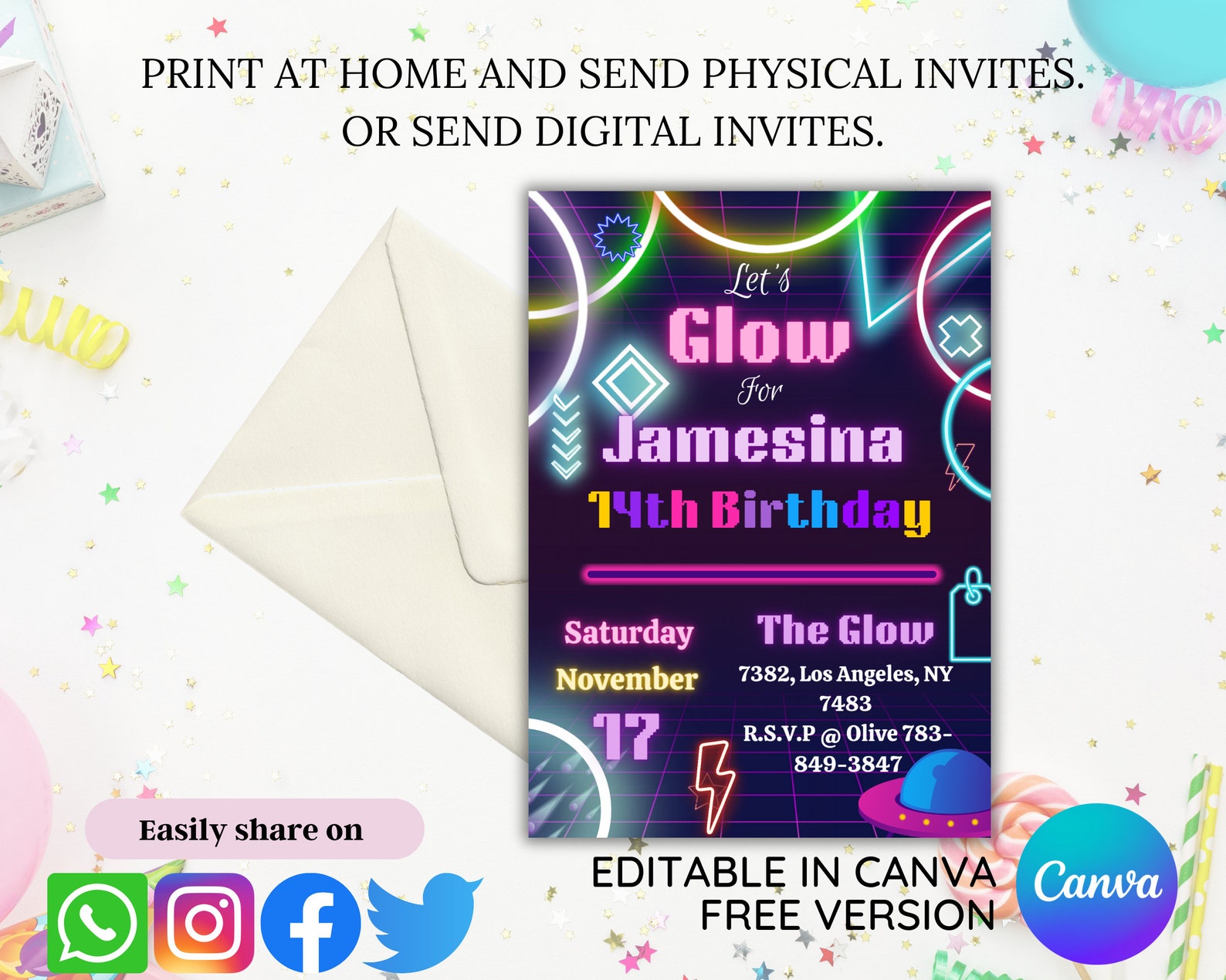 Neon Lights Glowing Birthday Party Invitation Template, Girl and Boy ...