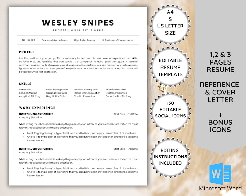 Professional Minimalist Resume Template Word CV Template - Etsy