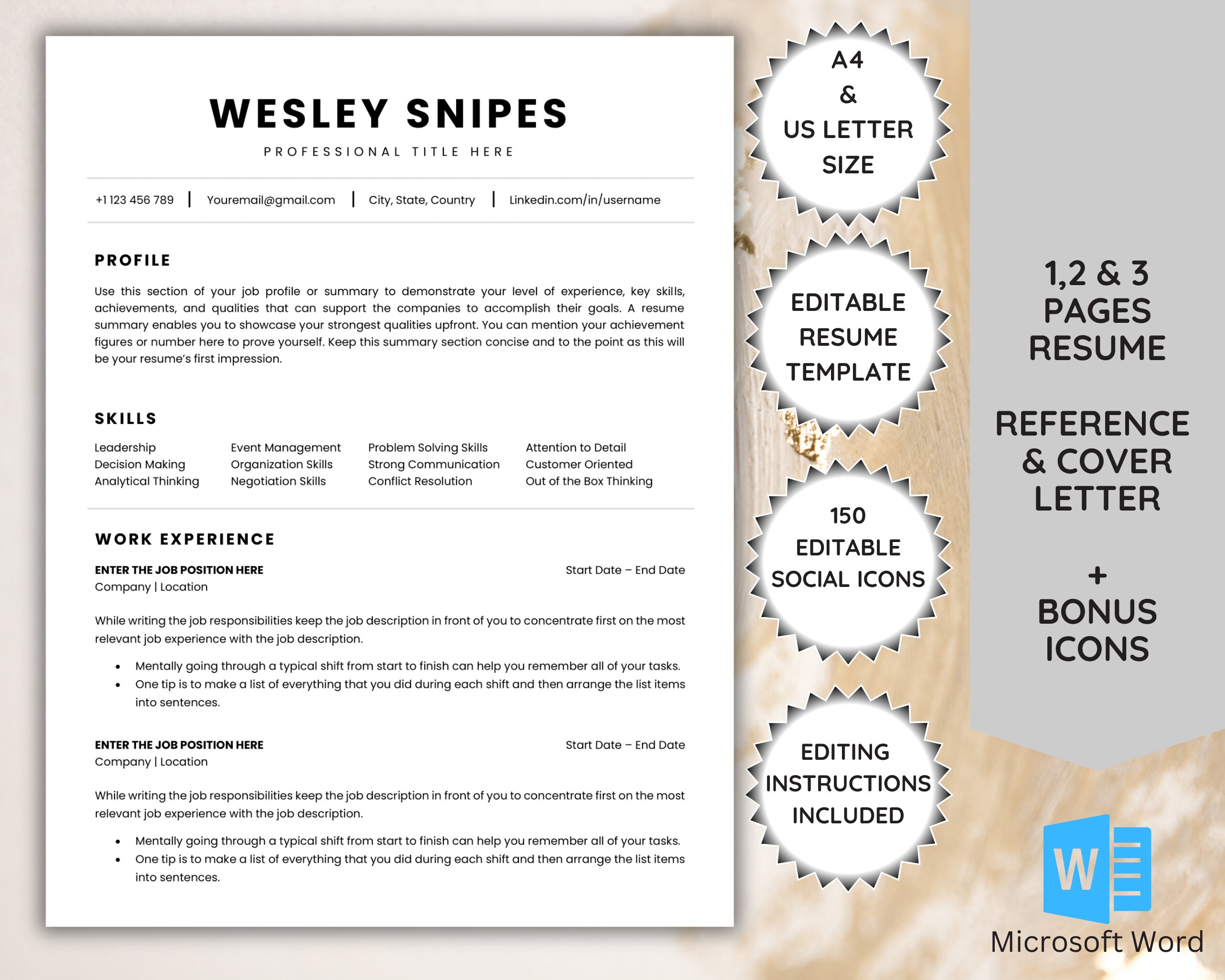 Professional Minimalist Resume Template Word CV Template - Etsy