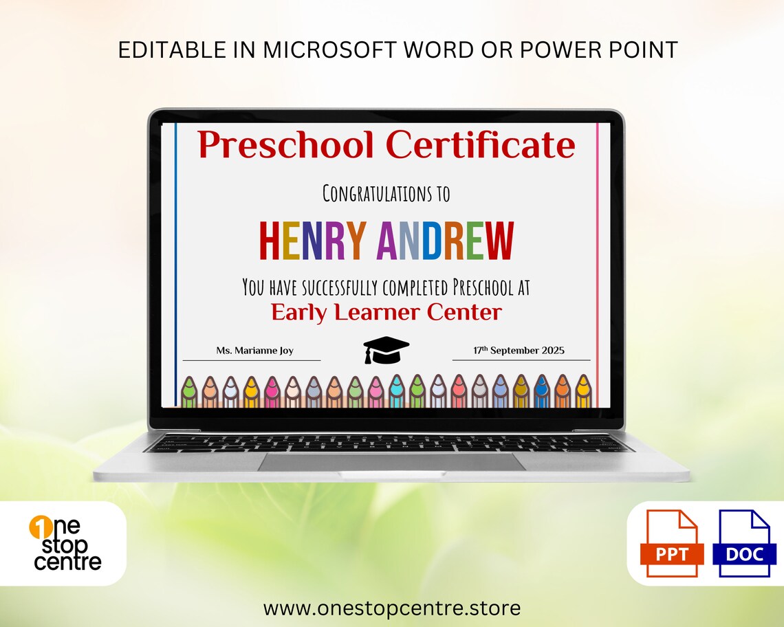Preschool Editable Certificate Template Kindergarten - Etsy