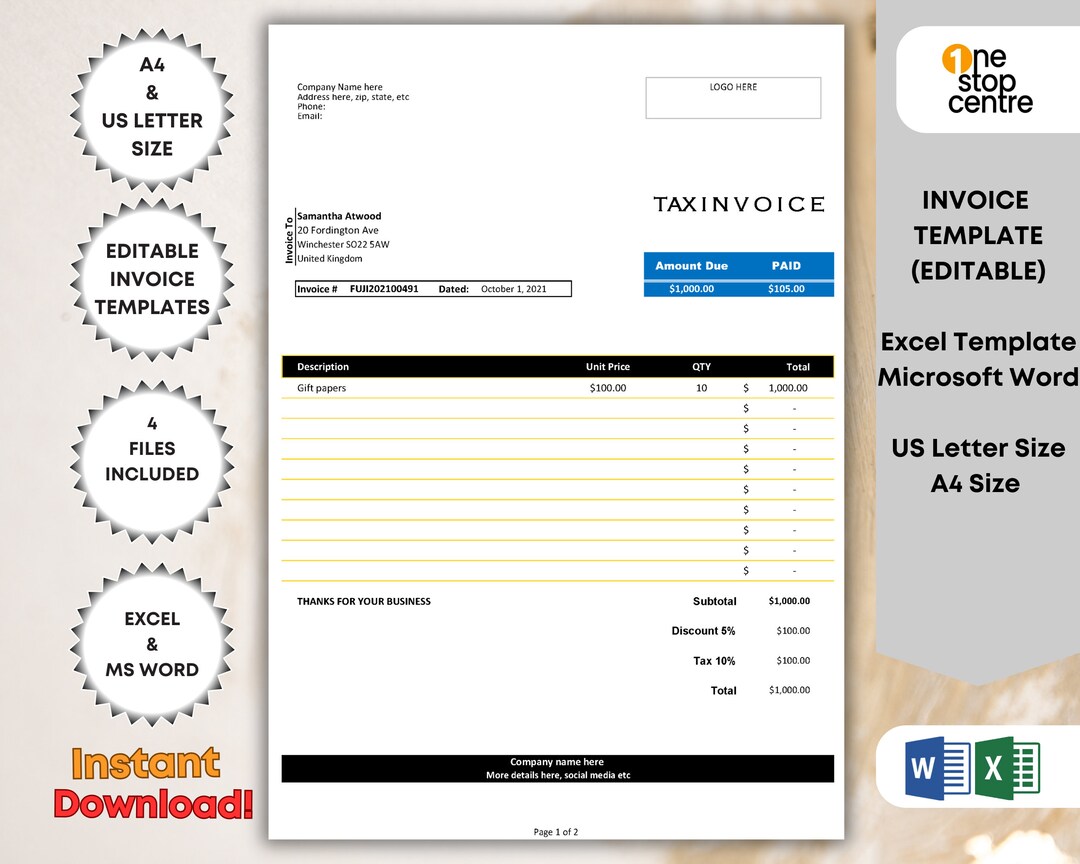 Editable Excel Spreadsheet Tax Invoice Template, Small Business ...
