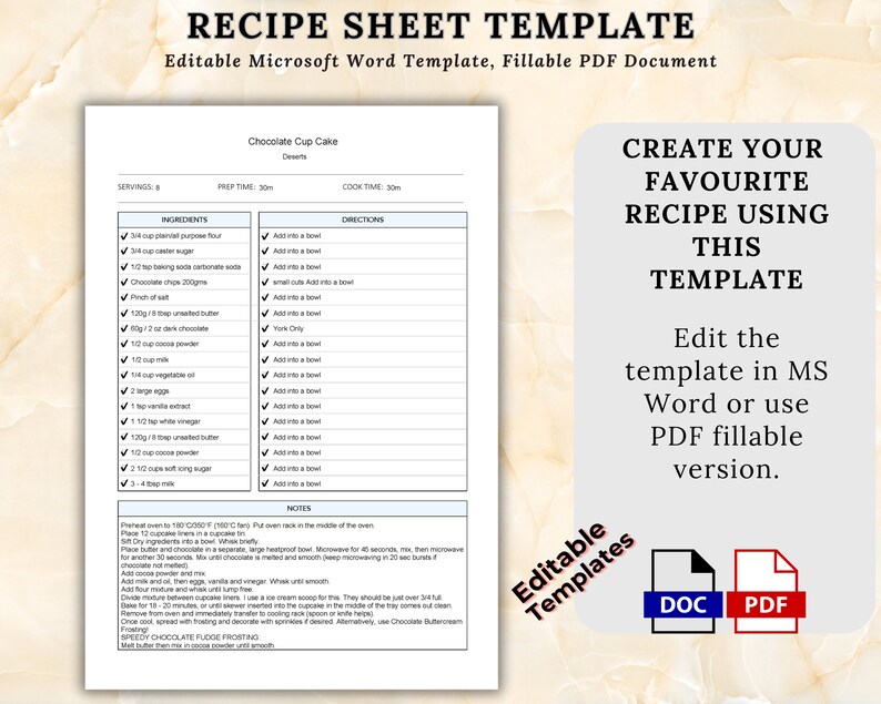 Editable Recipe Sheet Template: Minimalist Food Planner (PDF & Word ...
