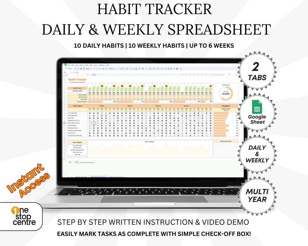 Habit Tracker Spreadsheet for Google Sheets, Daily Habit Planner and ...