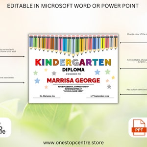 Editable Kindergarten Diploma Template: Printable Graduation Award (US ...