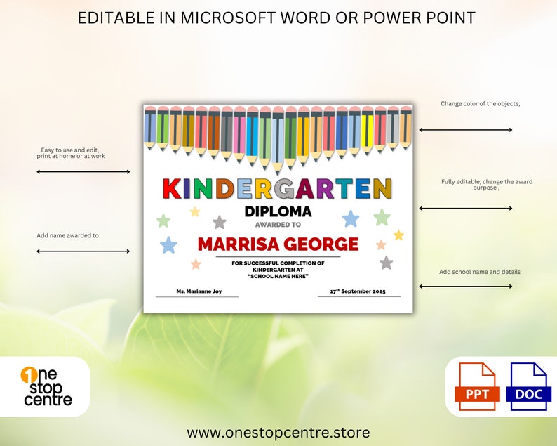 Editable Kindergarten Diploma Template: Printable Graduation Award (US ...