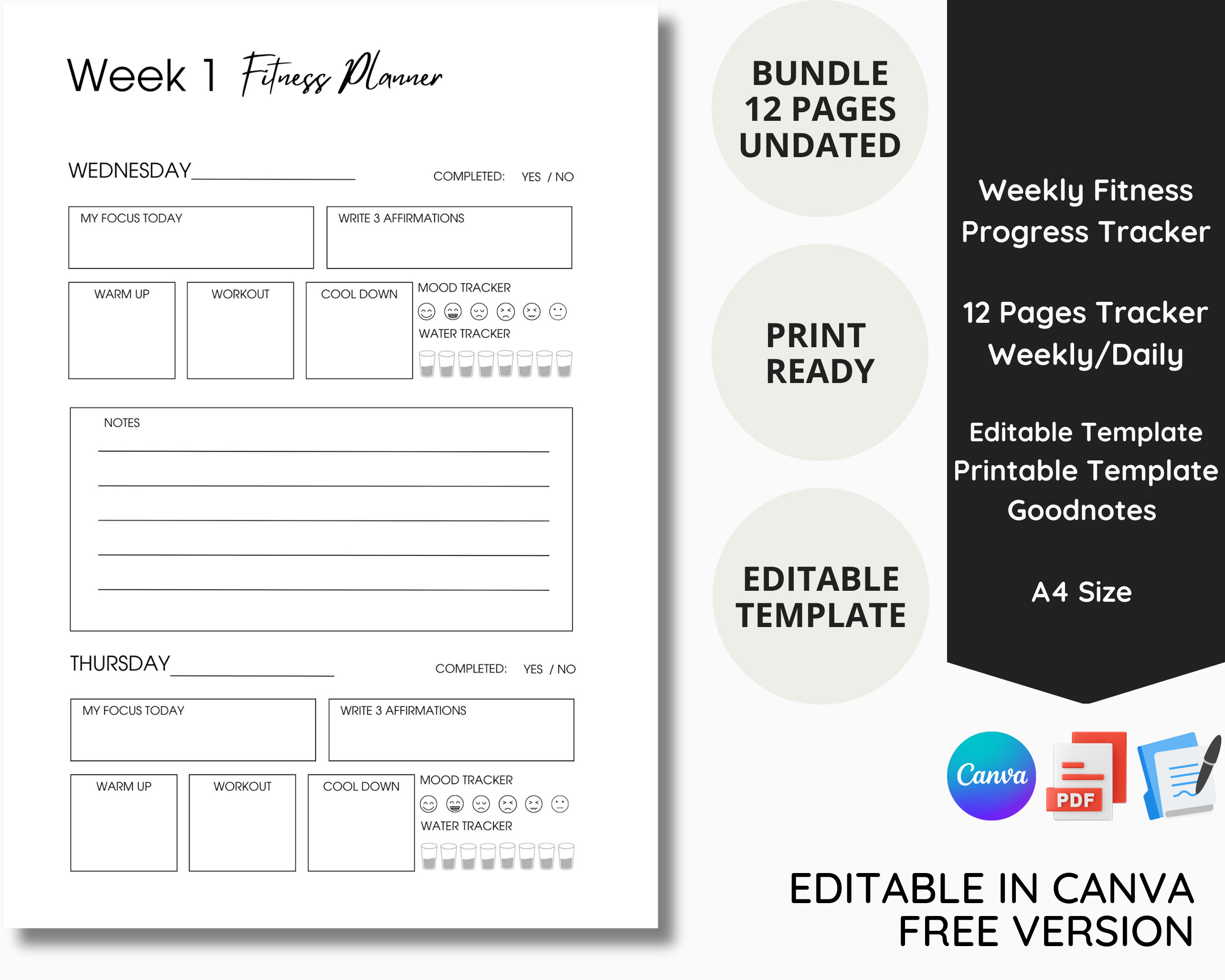 Editable Fitness Tracker Template, Minimalist Weekly Workout Planner ...