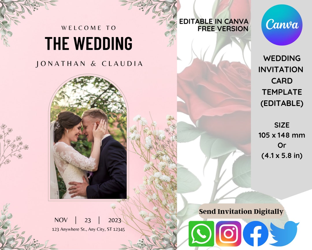 Pink Wedding Invitation Card Template: Editable Canva Design (4.1x5.8 ...
