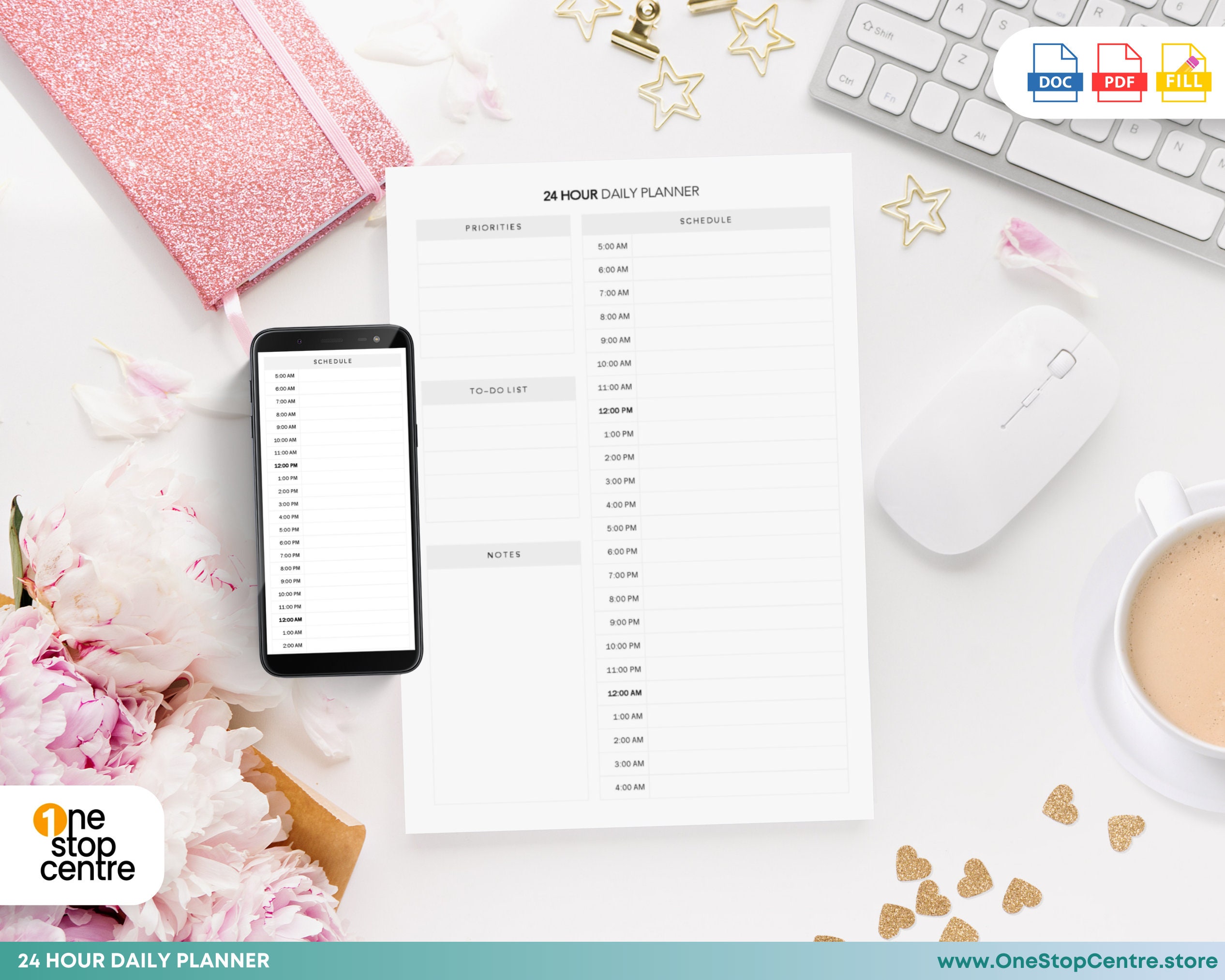 Editable Daily Planner Printable Templates, 24 Hour Daily Digital ...