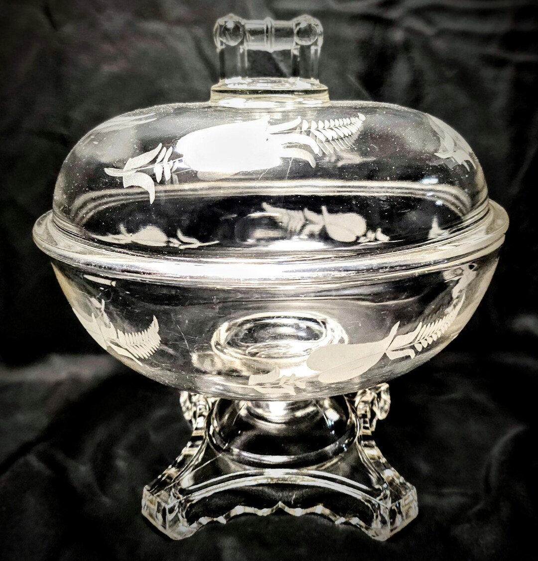 Vintage- Etched Glass Compote- Four Leg Pedestal With Lid - Etsy