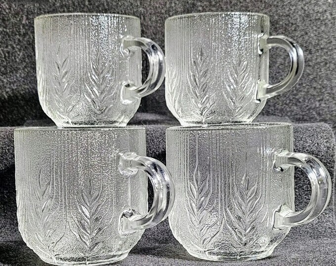 Set of 4- Arcoroc USA 6 Oz Etched Clear Glass Coffee Cups- Wheat ...