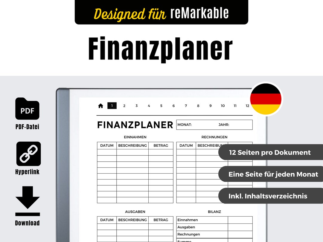Finanzplaner für reMarkable 2 in Deutsch, Digitaler Budgetplaner ...