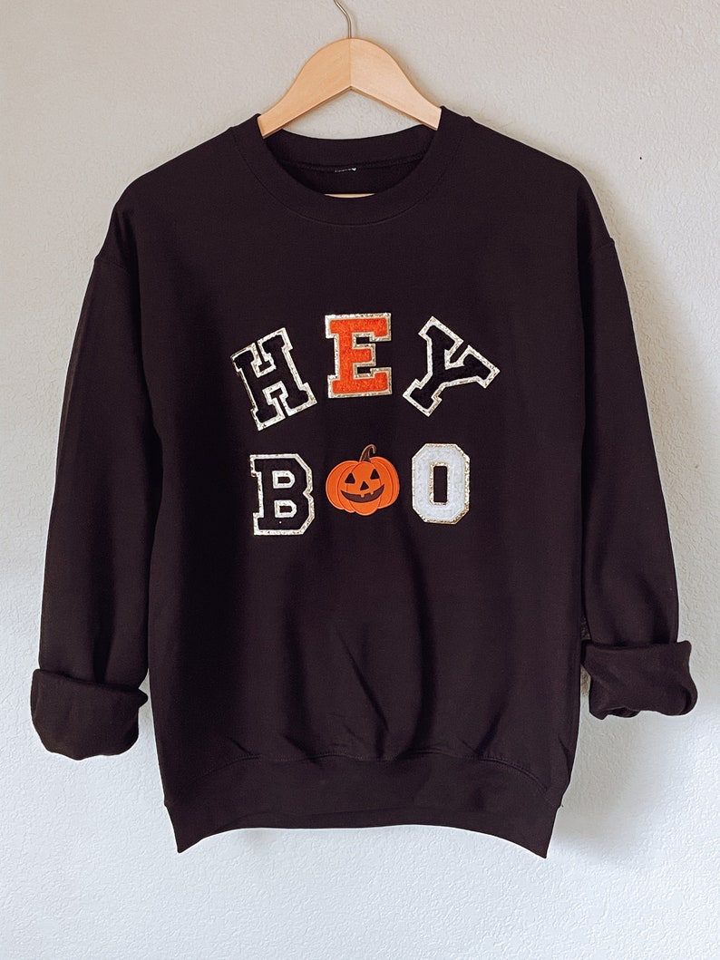 Hey Boo Halloween Chenille Patch Sweatshirt, Women’s Fall Sweatshirt ...