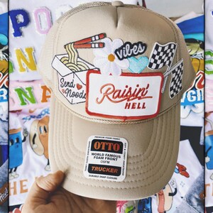 Raisin’ Hell Trucker Hat/ Summer Trucker Hat/ Patches/ Custom Trucker Hat/ Patch Trucker Hat - Etsy