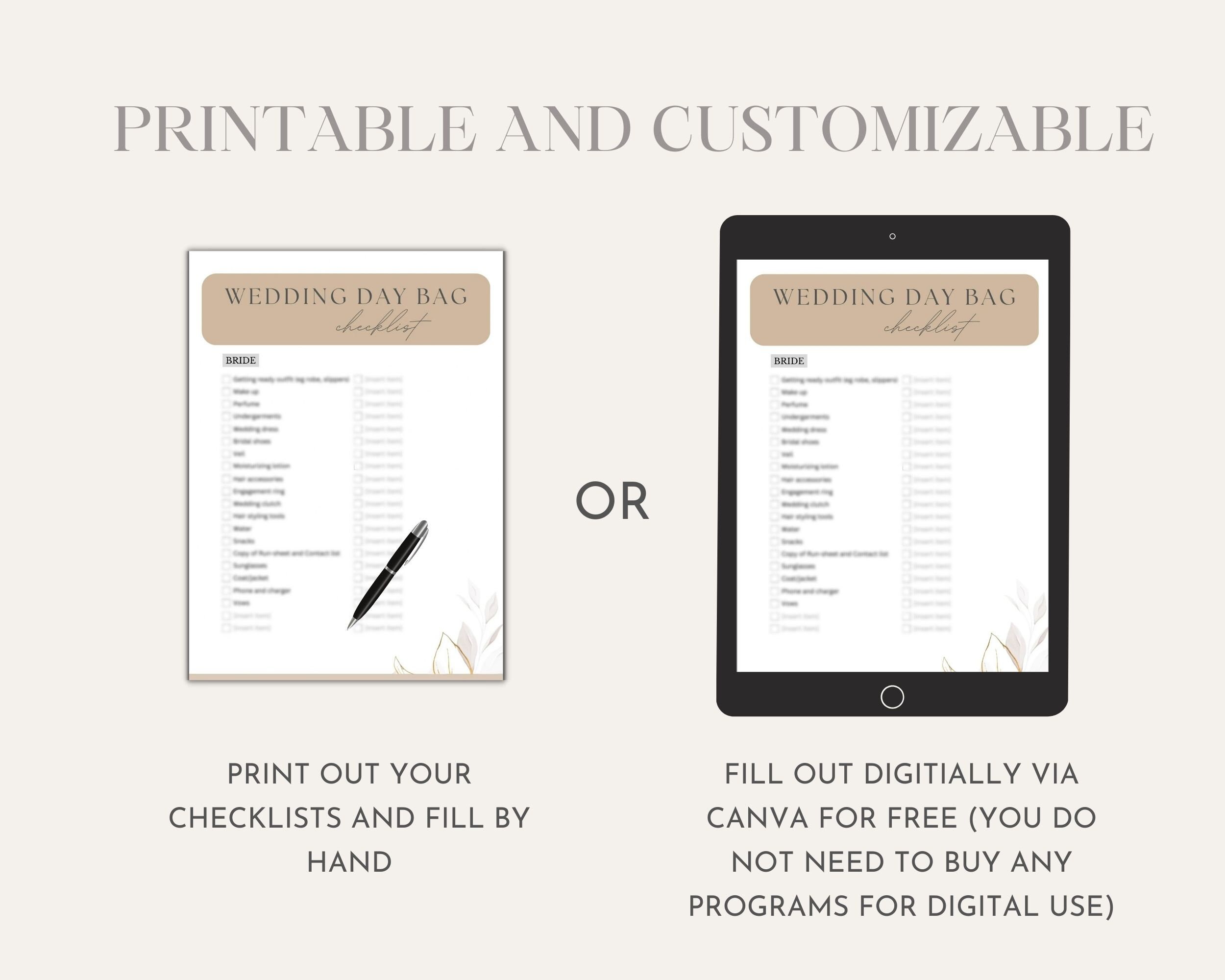 Wedding Bag Packing List for Bridal Party Checklist Bride Packing Guide ...