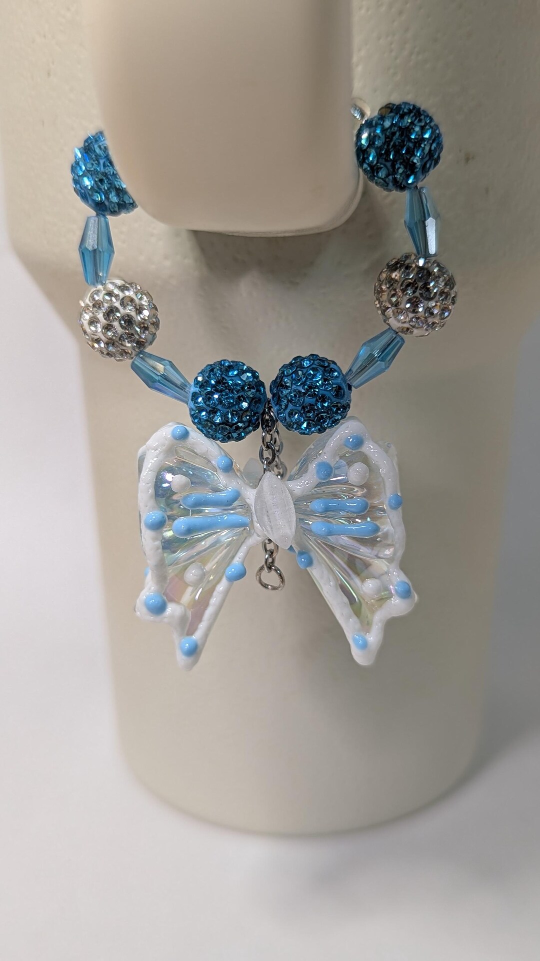 Blue Polka Dot Bow Stanley Handle Charm: Rhinestone & Czech Glass Beads ...
