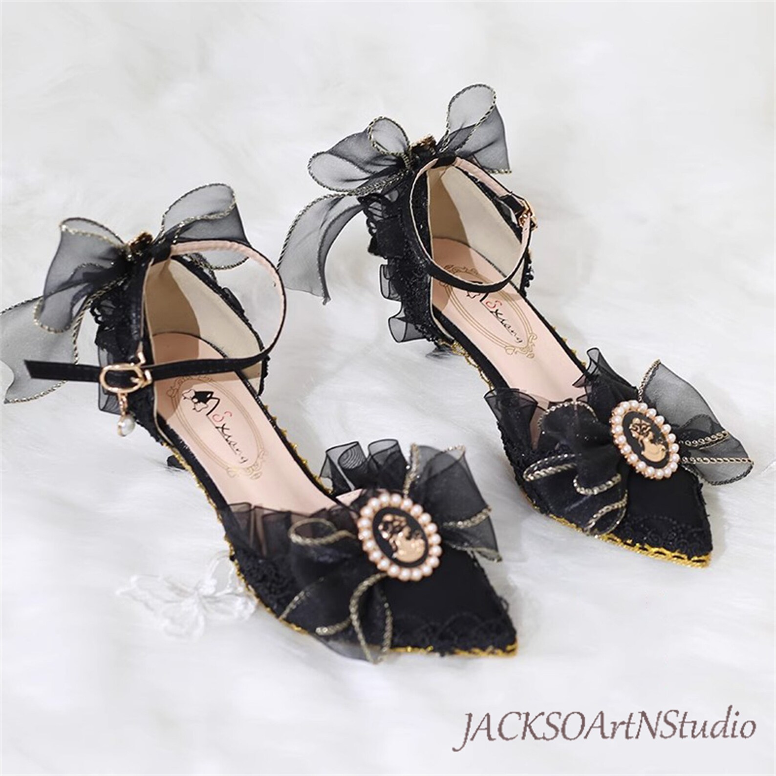 Black Ribbons High Heels Shoes With Ribbons Pearls Marie - Etsy