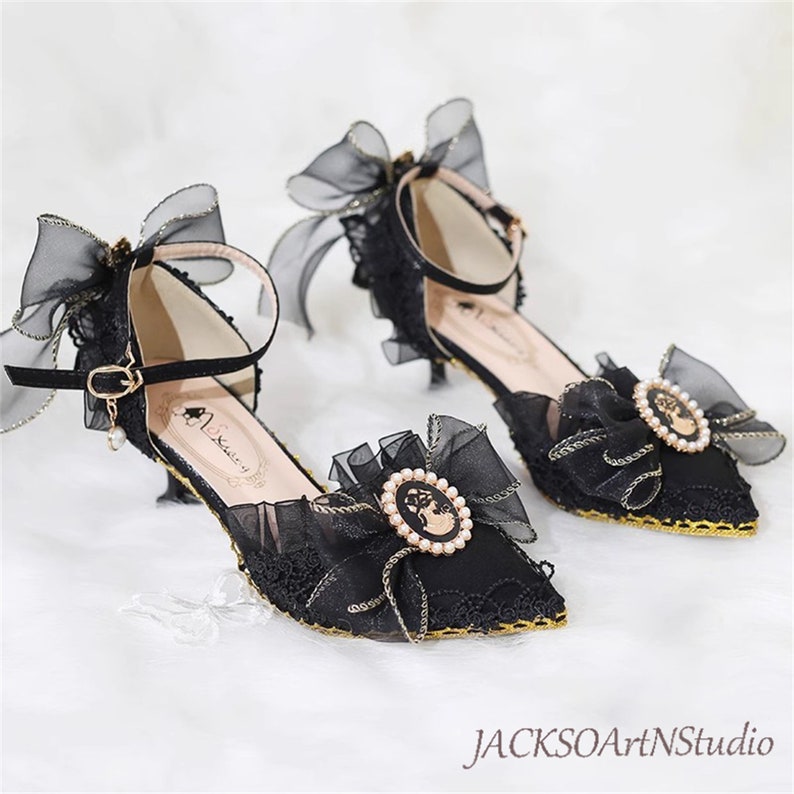 Black Ribbons High Heels Shoes With Ribbons Pearls Marie - Etsy