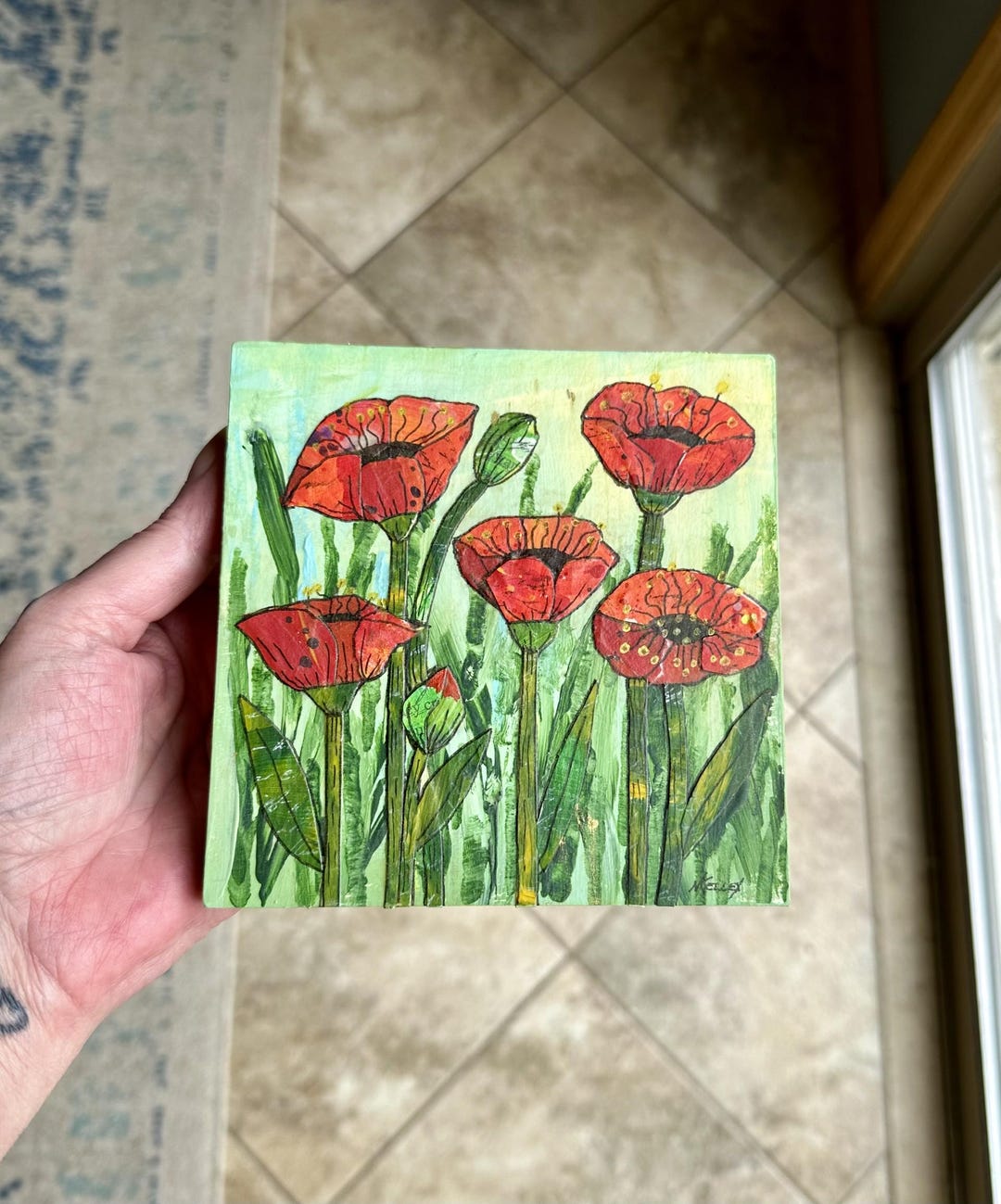 Red Poppies "remembrance" Mixed Media Original Painting - Mounted on 5 ...