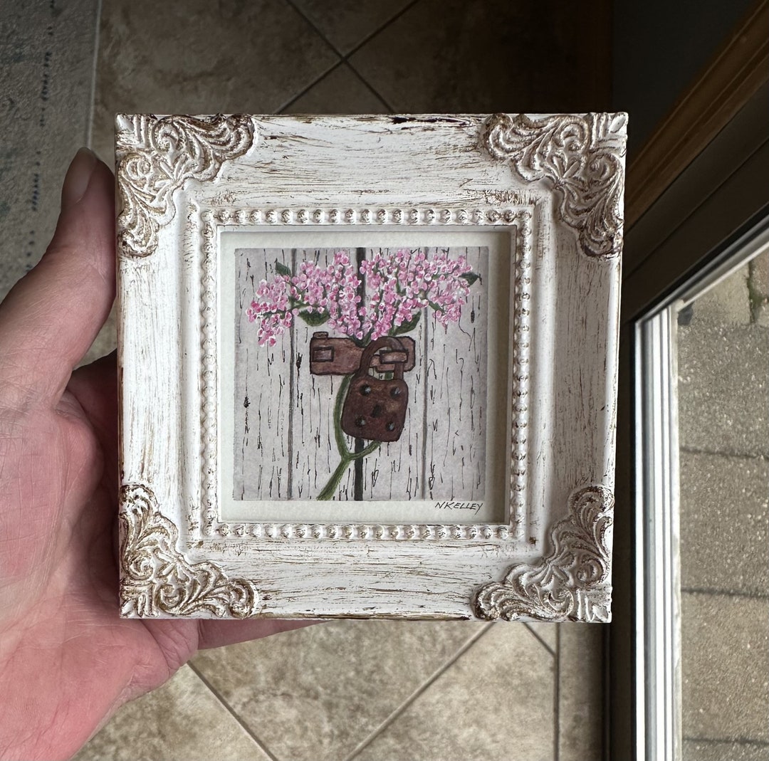 Original Watercolor Painting: Rusted Lock and Flowers, Framed Miniature ...