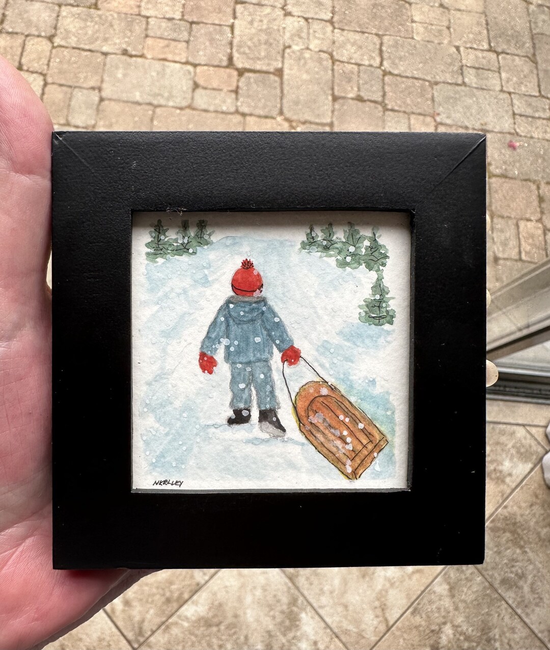 Boy Sledding - Original Painting - NOT a Print - TINY Painting ...