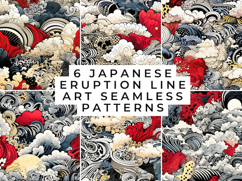 Seamless Japanese Chiyogami Pattern, Eruption Illustrations 6 Different ...