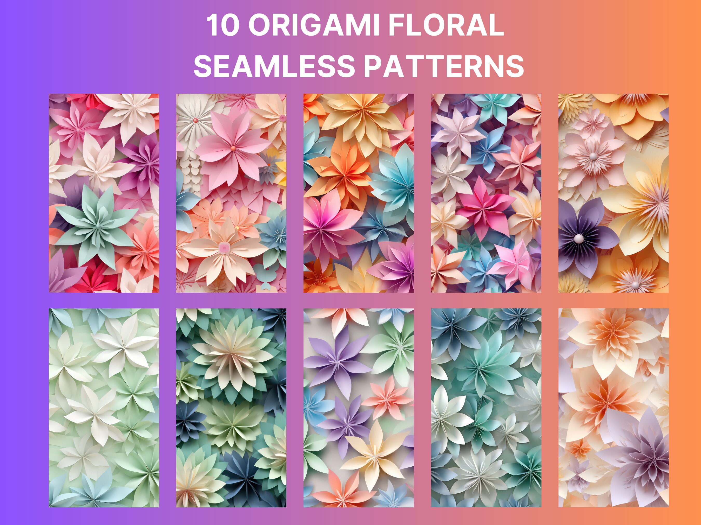 10 Origami 3D Floral Seamless Patterns, Repeating Pattern, Background ...