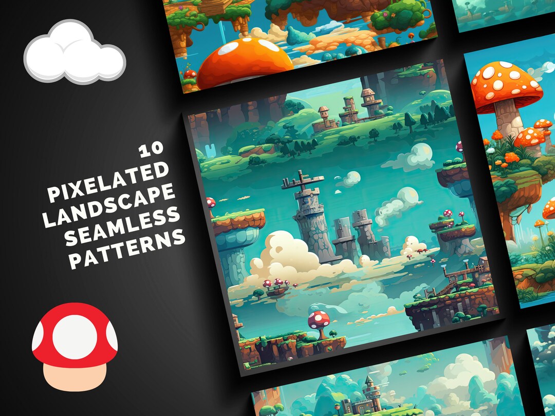 10 Pixelated Landscape Seamless Patterns, Seamless Patterns, Digital ...