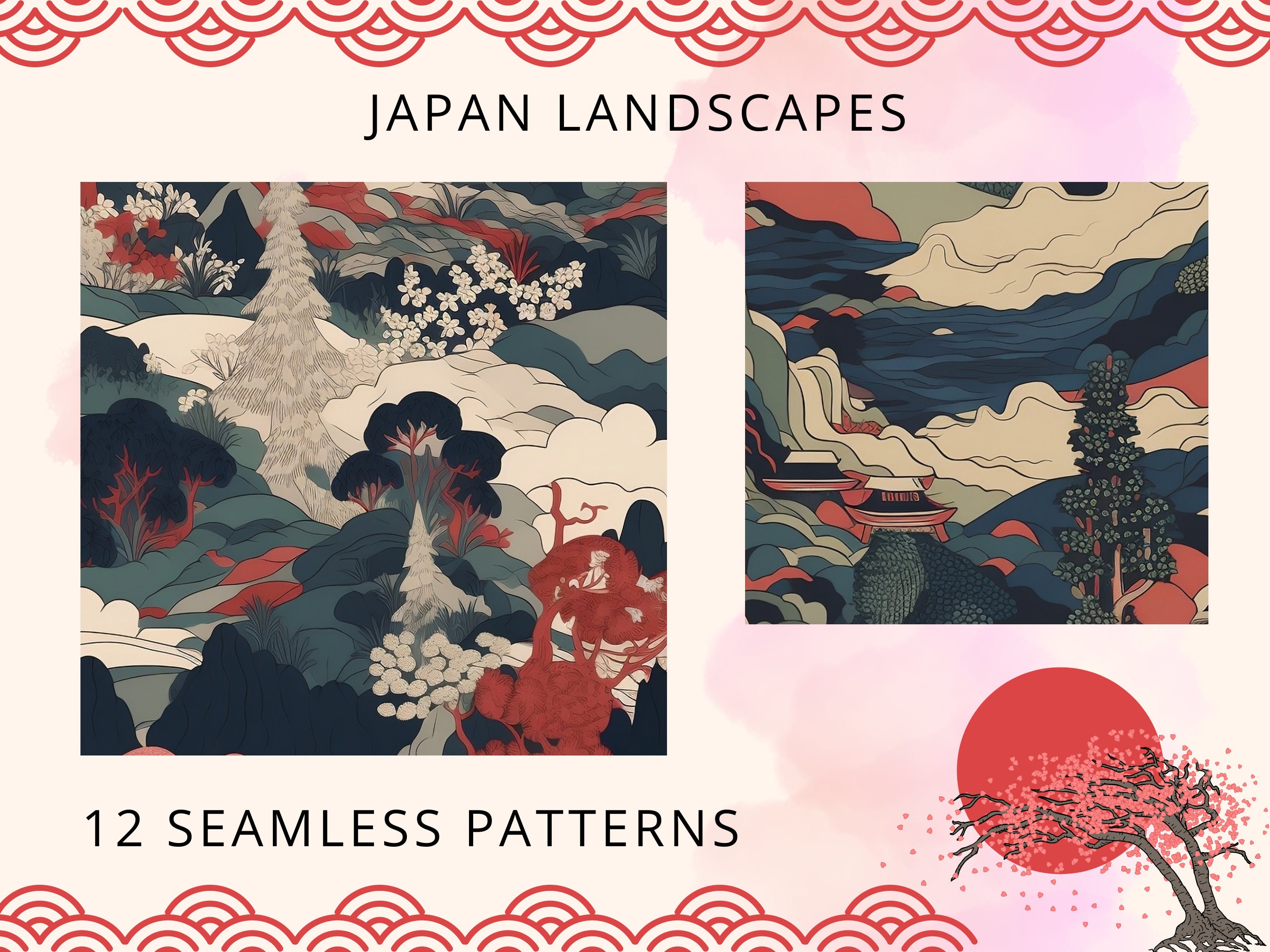 12 Japanese Landscapes Seamless Patterns Repeating Pattern - Etsy