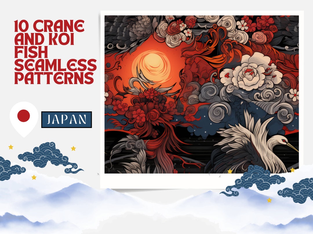 10 Japanese Crane and Koi Fish Seamless Patterns, Repeating Pattern ...