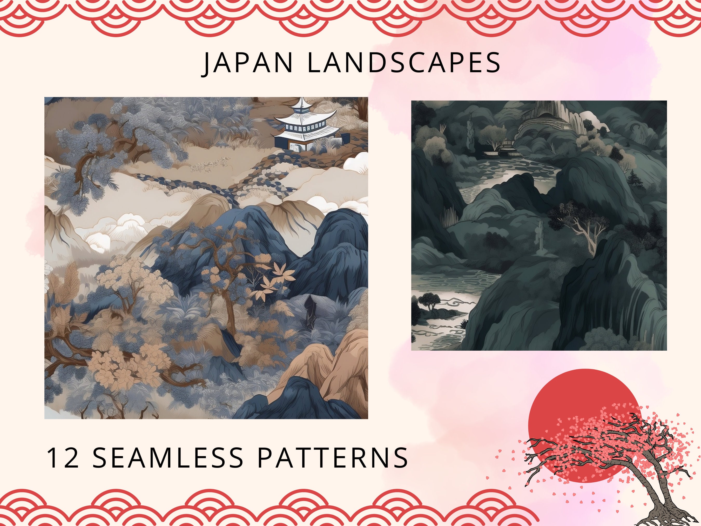 12 Japanese Landscapes Seamless Patterns Repeating Pattern - Etsy