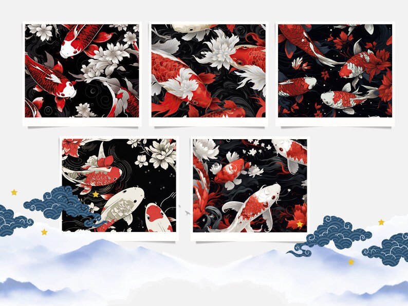 10 Japanese Crane and Koi Fish Seamless Patterns, Repeating Pattern ...