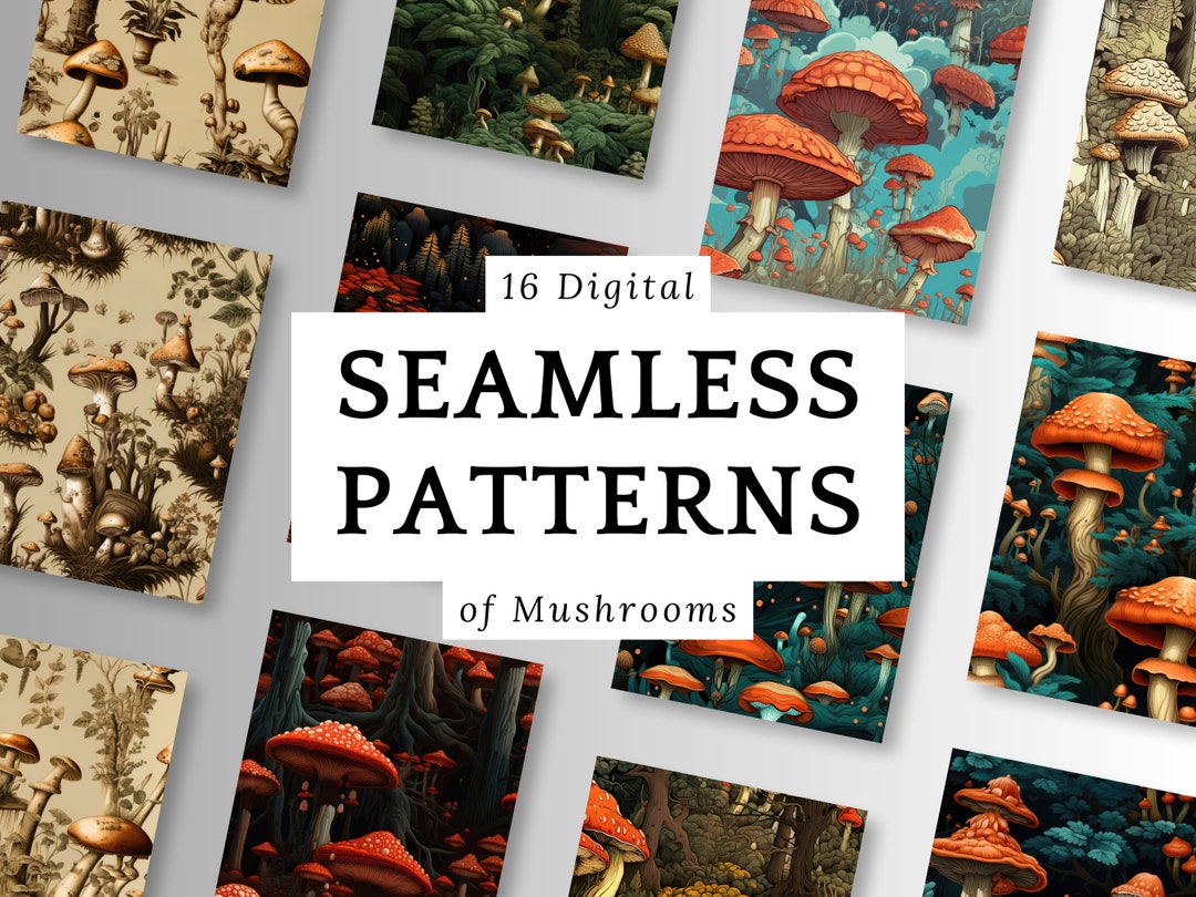 16 Seamless Patterns of Mushrooms, Repeating Pattern, Background, Digital Paper, Digital ...
