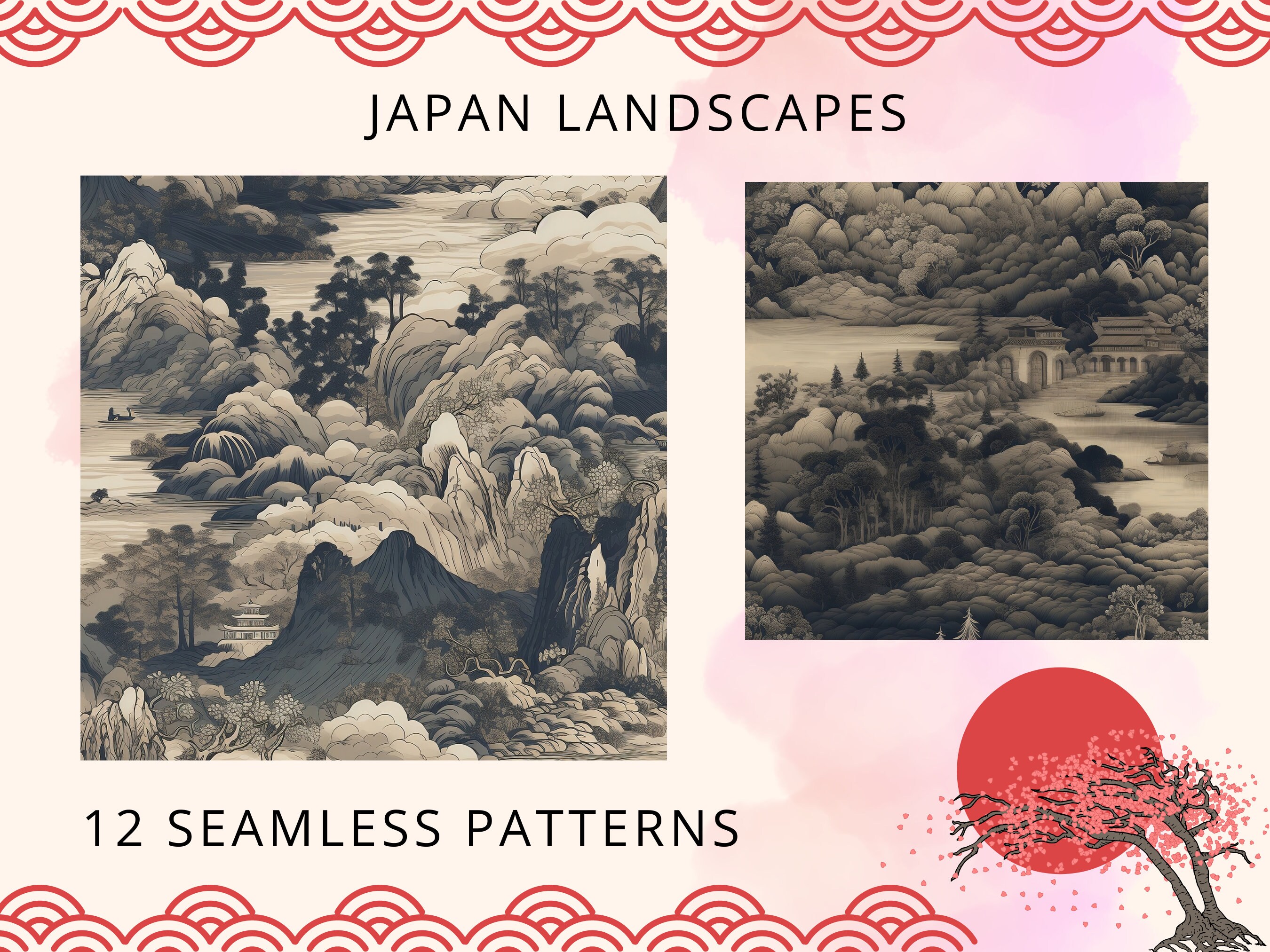 12 Japanese Landscapes Seamless Patterns Repeating Pattern - Etsy