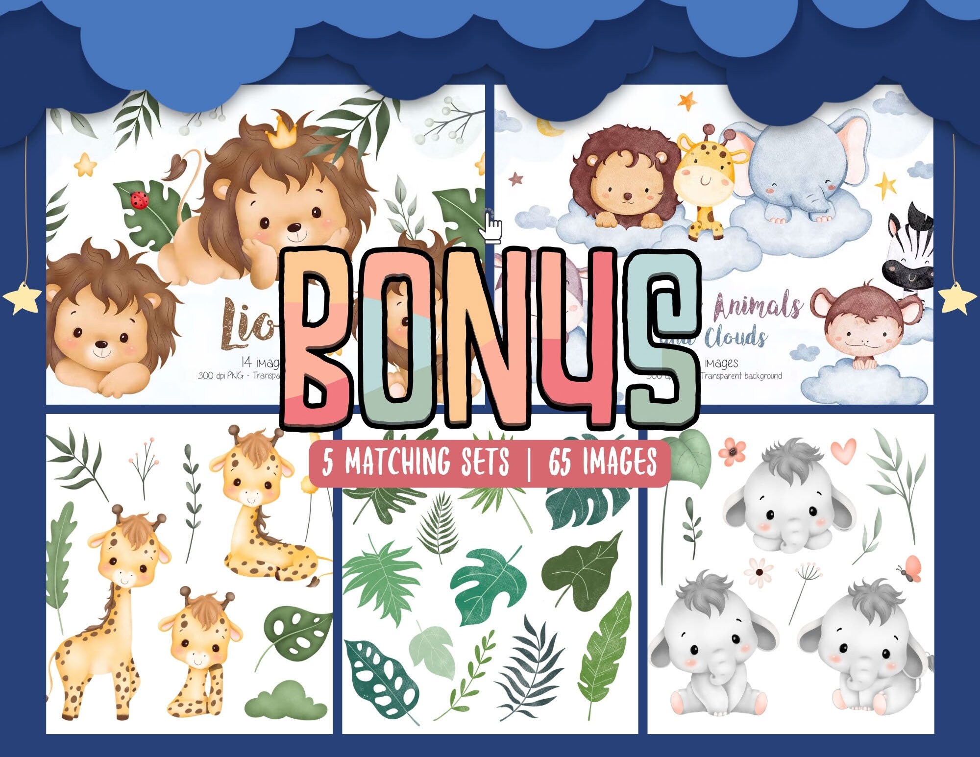 Baby Safari Animals Watercolor Clipart, Mom and Baby Animals, Safari ...