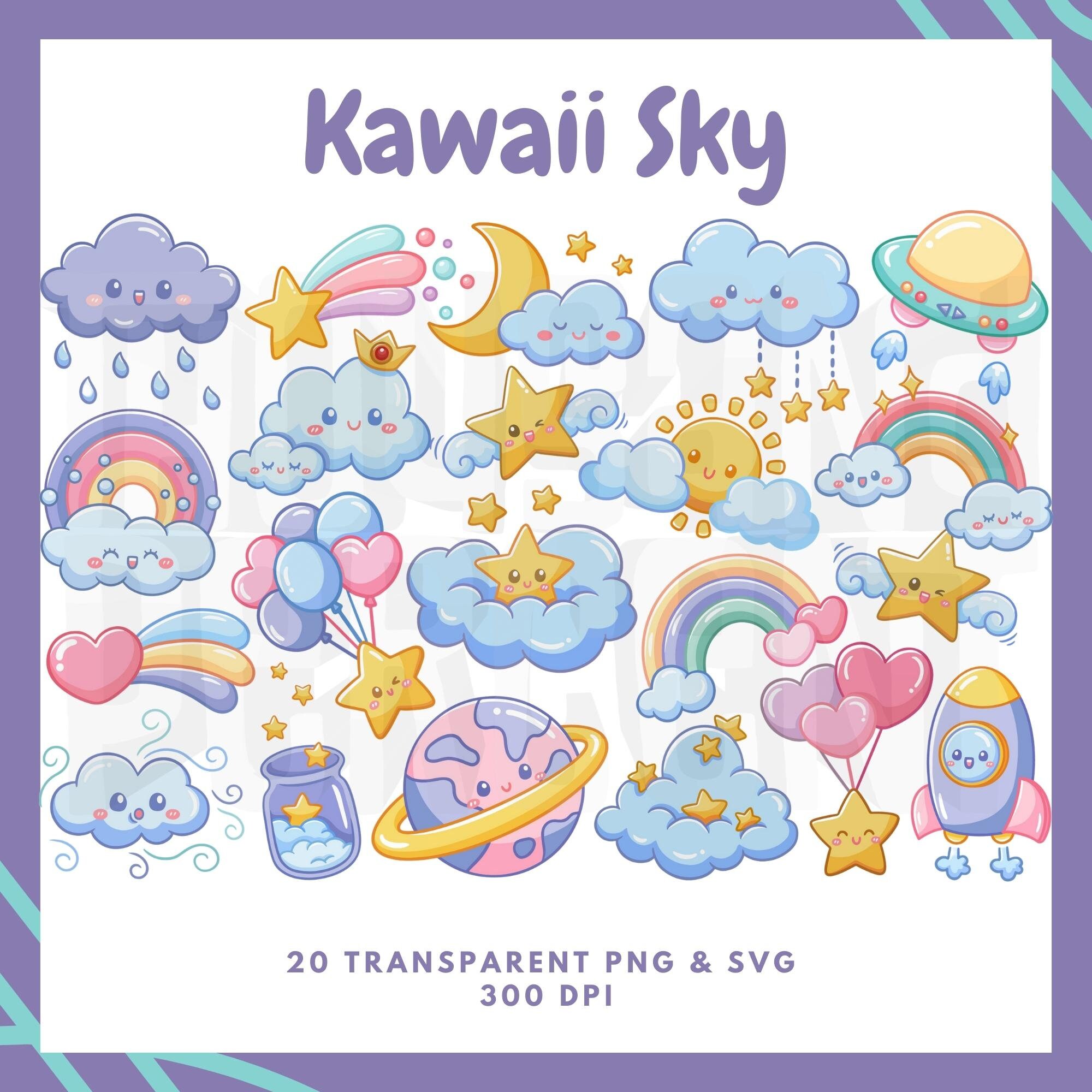 Cute Kawaii Sky Svg Bundle, 20 Transparent Png, Layered Svg Files for ...