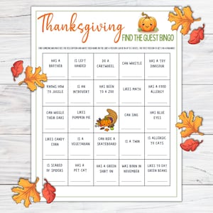 Thanksgiving Find the Guest Bingo, Icebreaker Game, Thanksgiving Games ...