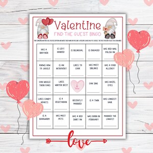 Valentine Gnome Find the Guest Bingo Game, Valentine Day Icebreaker ...