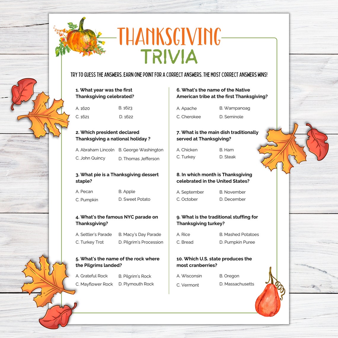 Thanksgiving Trivia Game, Printable Thanksgiving Game, Thanksgiving ...