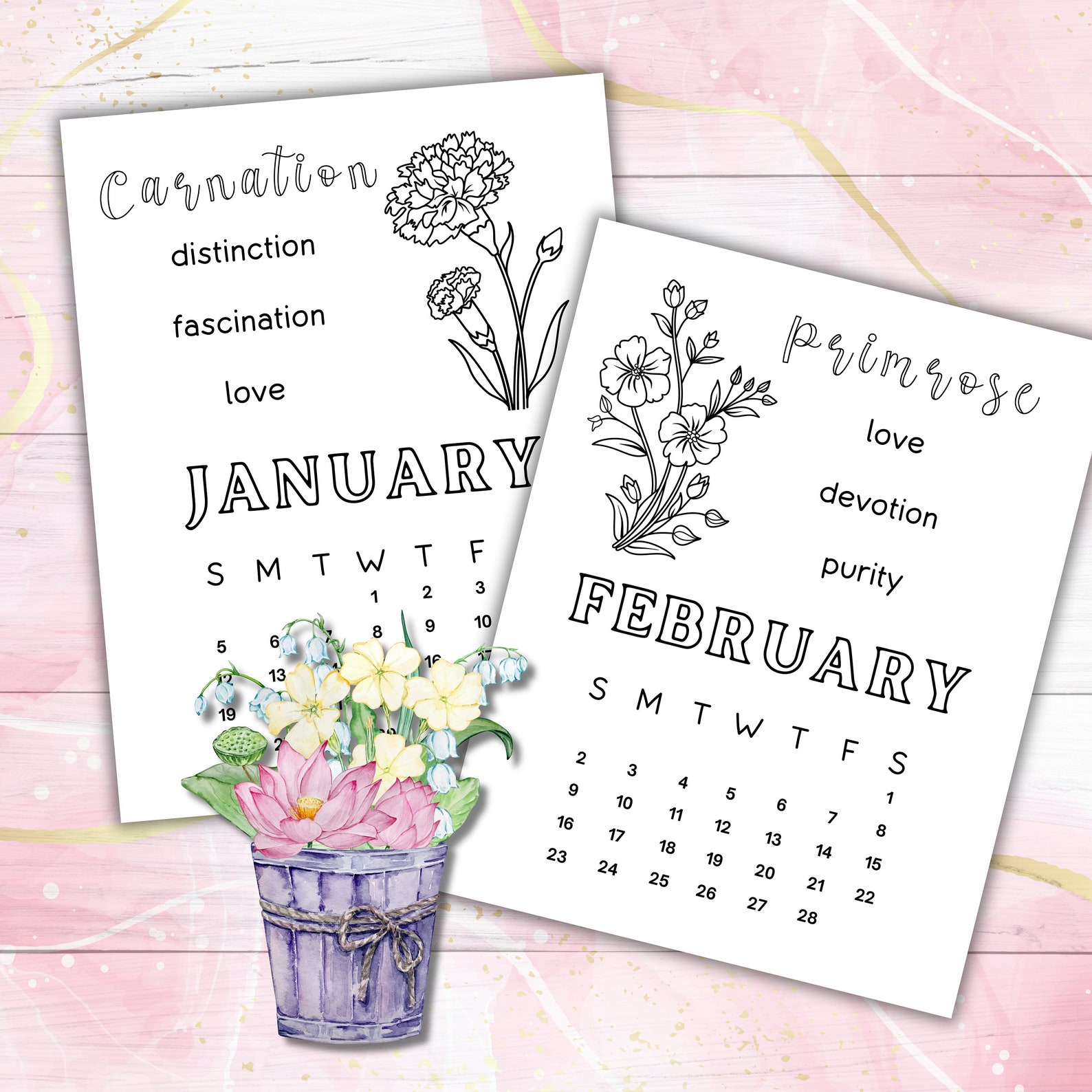 2025 Birth Flower Coloring Calendar, 2025 Cute Feminine Desk Calendar ...