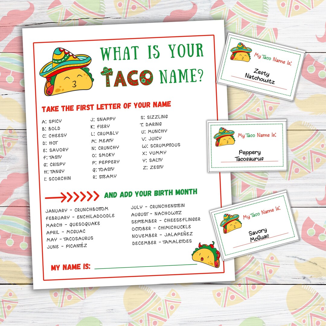 What's Your Taco Name Game, Cinco De Mayo Weekend Party Game, Mexican ...