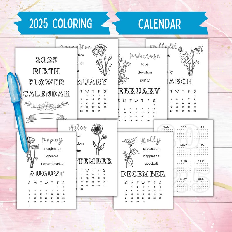 2025 Birth Flower Coloring Calendar, 2025 Cute Feminine Desk Calendar ...