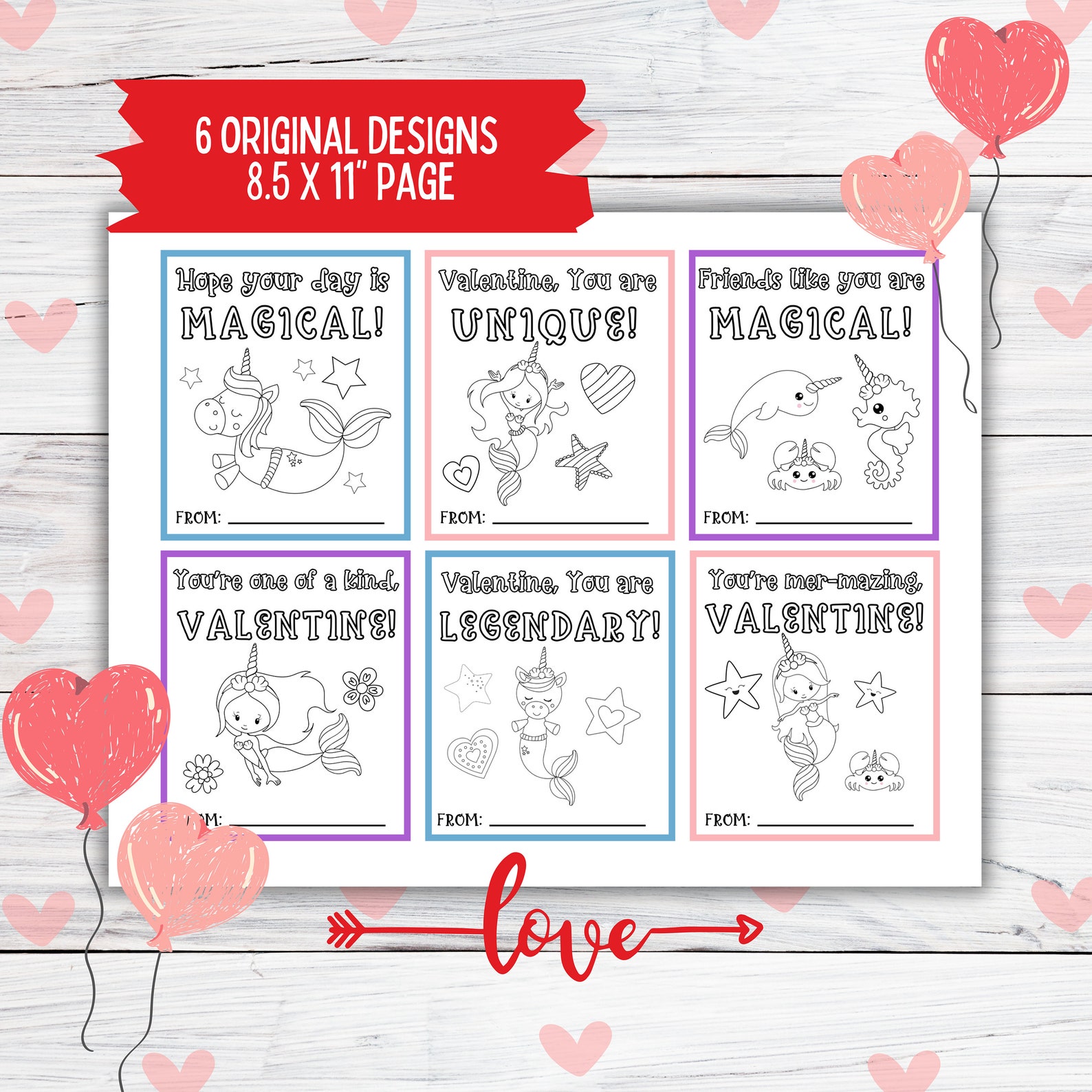 Unicorn Valentine Coloring Cards Printable, Simple Classmate Punny ...