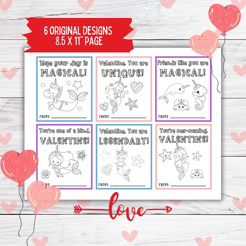 Unicorn Valentine Coloring Cards Printable, Simple Classmate Punny ...